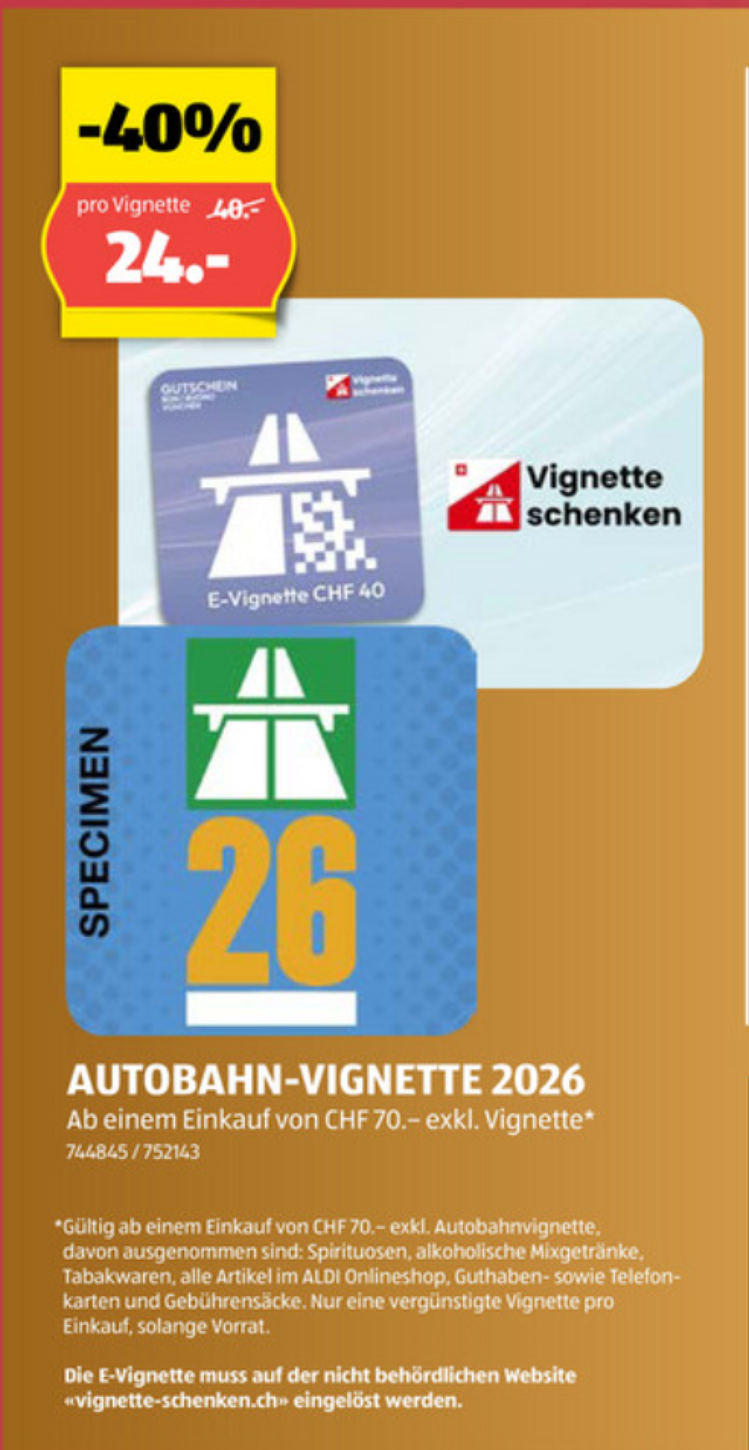 Vignette oder E-Vignette 2026 bei ALDI für 24.- ab 70.- Einkauf (1-3 ...